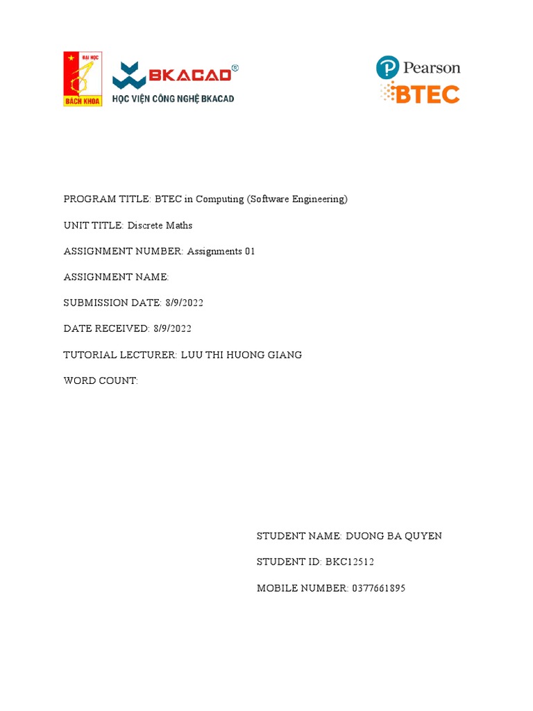 DUONGBA12512 Discrete-Maths Assignment01 | PDF | Vertex (Graph Theory) | Mathematical Logic