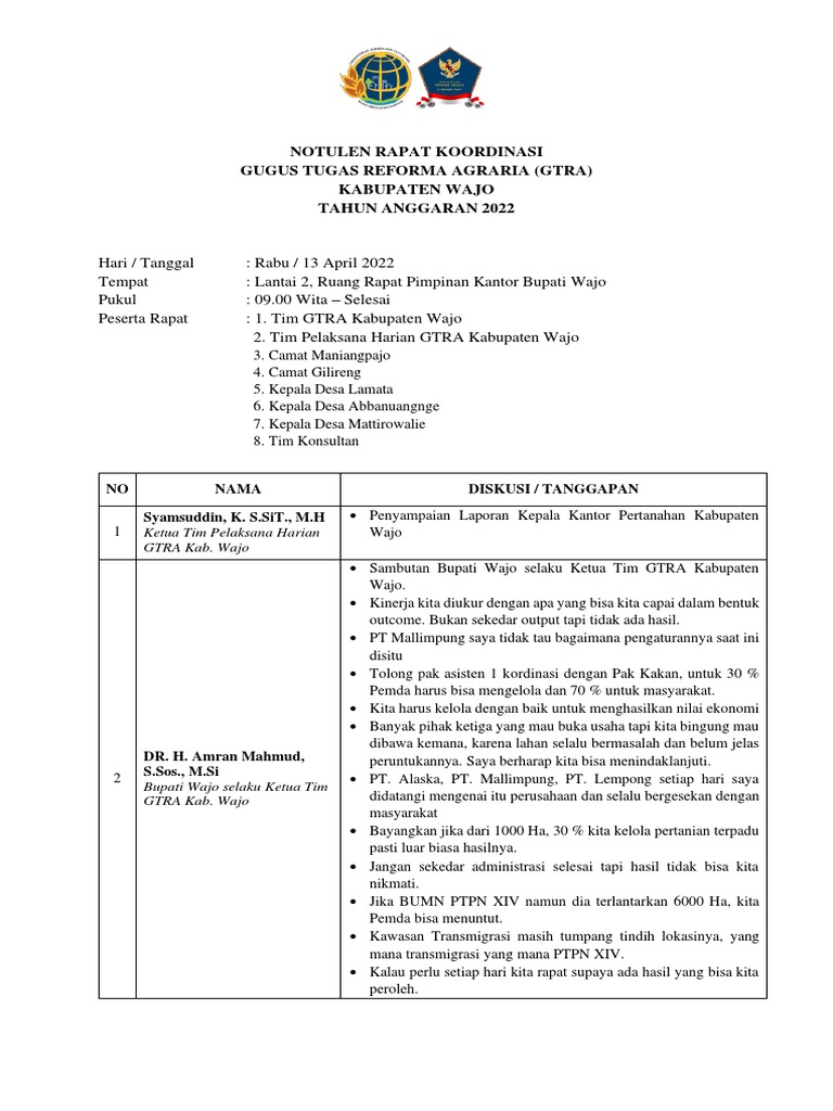 Notulen Rapat Koordinasi 13 April 2022 | PDF