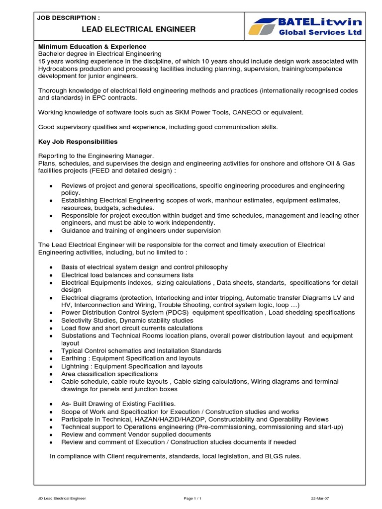 JD Lead Electrical Engineer | PDF | Specification (Technical Standard) | Engineering