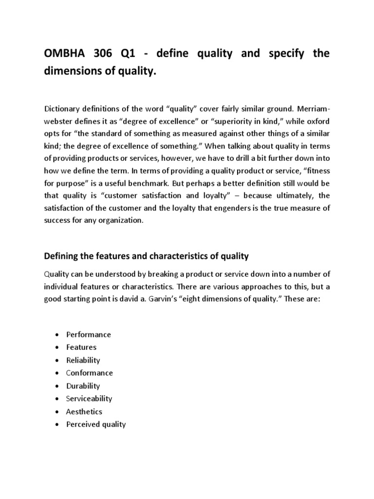 Define Quality & Its Dimensions | PDF | Quality (Business ...