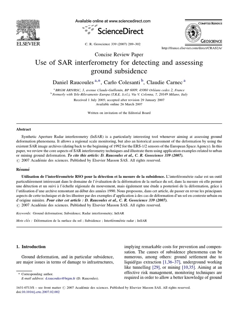 Use Of Sar Interferometry For Detecting And Assessing Ground Subsidence