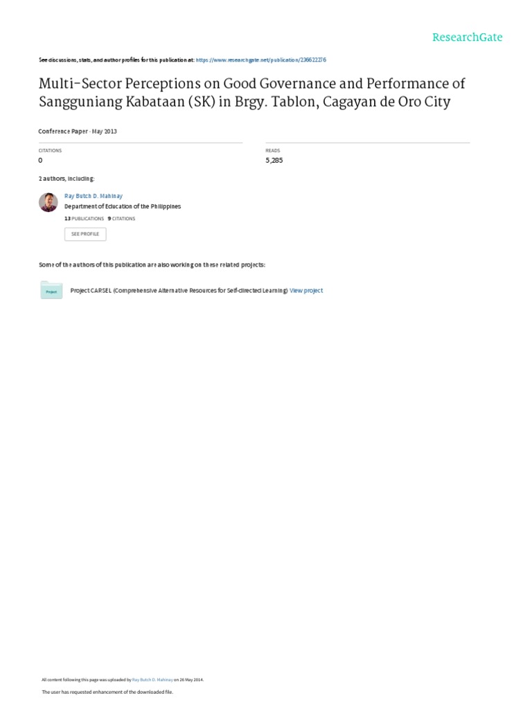 Multi-Sector Perceptions On Good Governance and Performance of Sangguniang Kabataan (SK) in Brgy ...