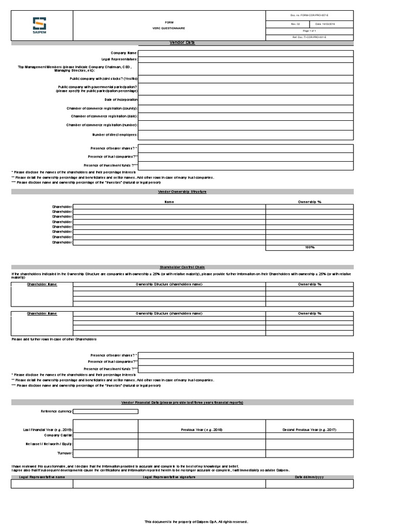 VERC Questionnaire - Rev8 | PDF | Shareholders | Ownership