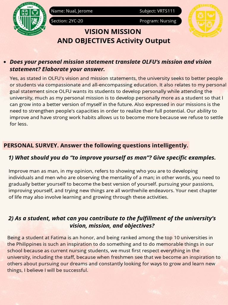Vision Mission and Objectives | PDF | Nursing | University