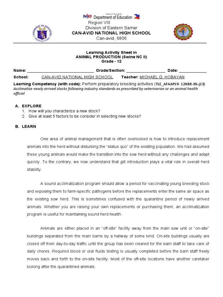 Learning Activity Sheet in Aniamal Production (Swine NC II) 2020-2021 ...
