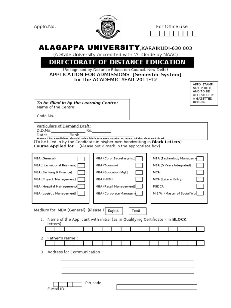 Application for Admission to the MBA and MCA Programs at Alagappa ...