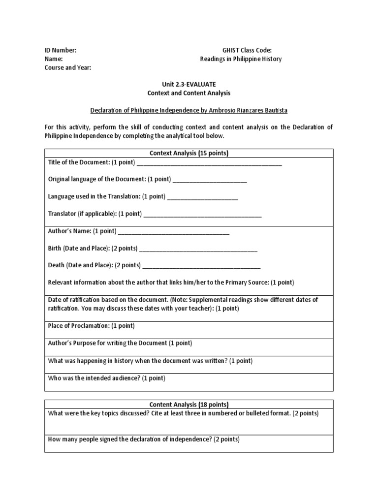 Answer Sheet-Analysis-Declaration of Philippine Independence | PDF