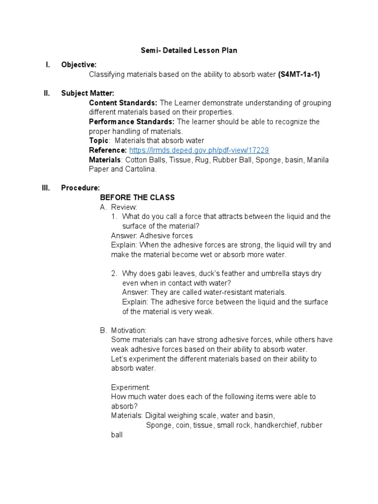 Semi Detailed Lesson Plan Updated | PDF | Adhesion | Water