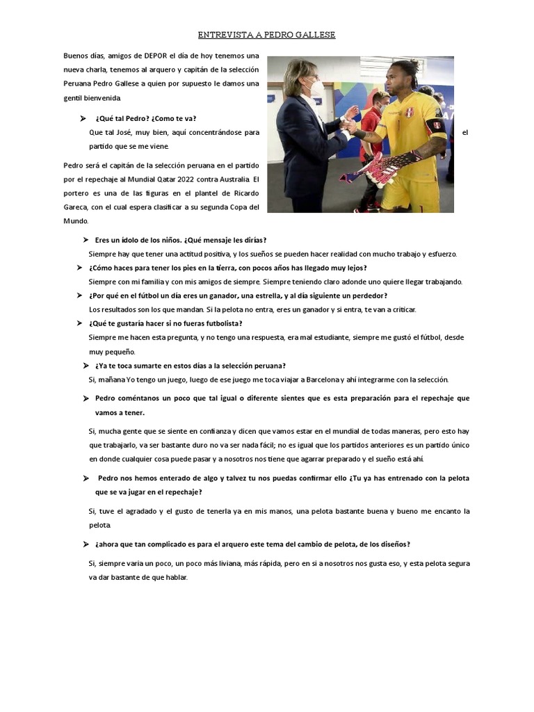 Entrevista a Pedro Gallese: Futbolista y Capitán | PDF | Asociación de ...