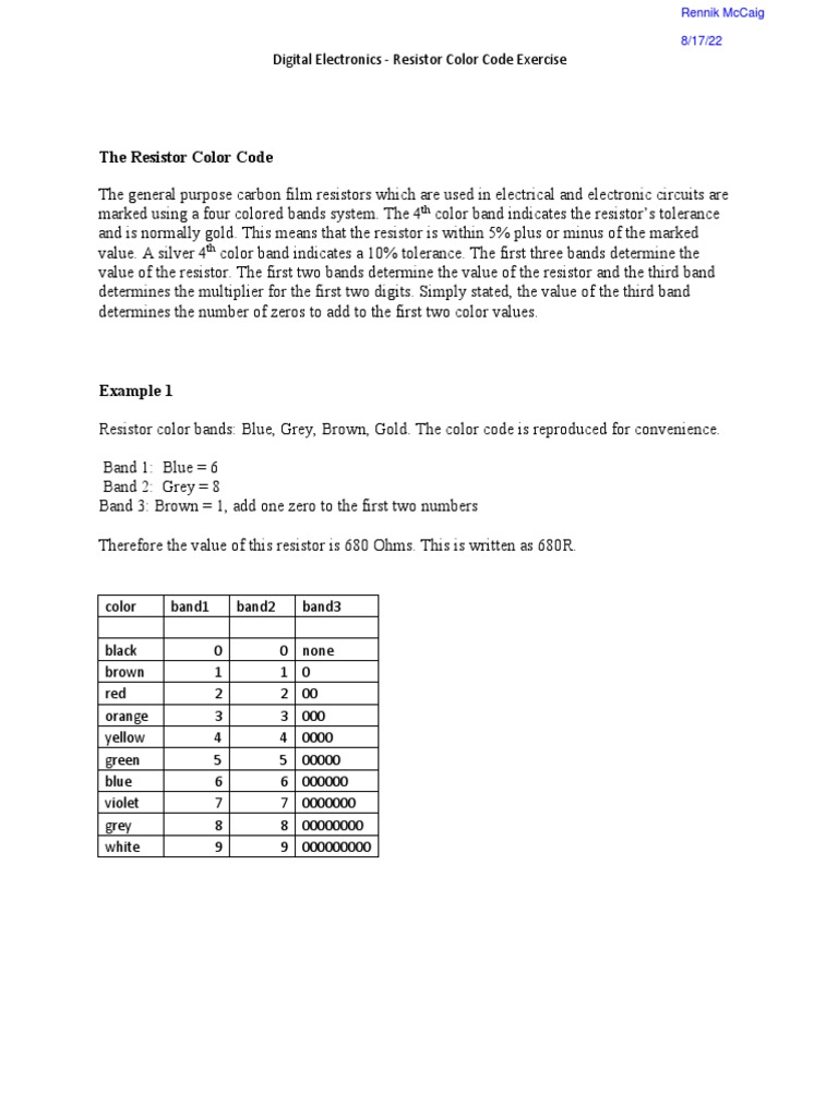 Resistor Color Codign Exercise | PDF | Resistor | Color
