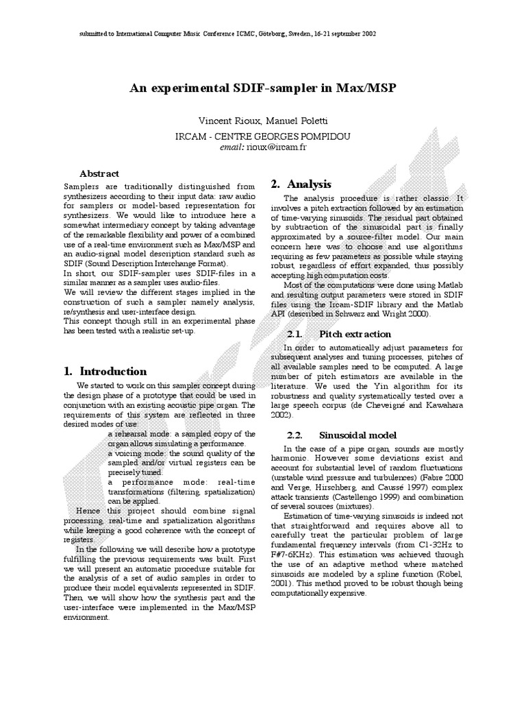 An Experimental SDIF Sampler in MaxMSP | PDF | Synthesizer | Computing