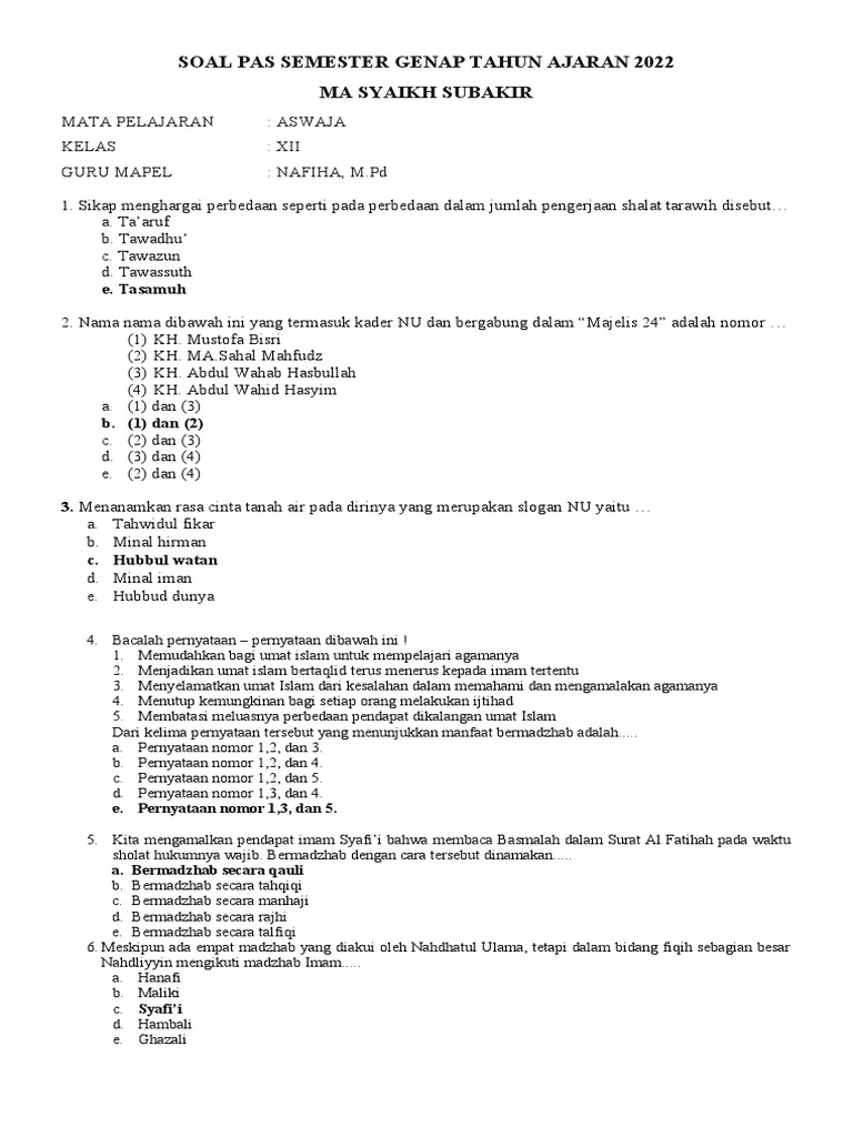 SOAL ASWAJA PAS 2022 Kelas 12 | PDF
