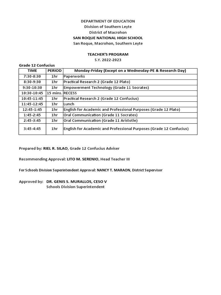 Class and Teacher's Program 2022-2023 | PDF