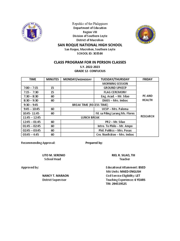 Grade 12 Class Schedule | PDF