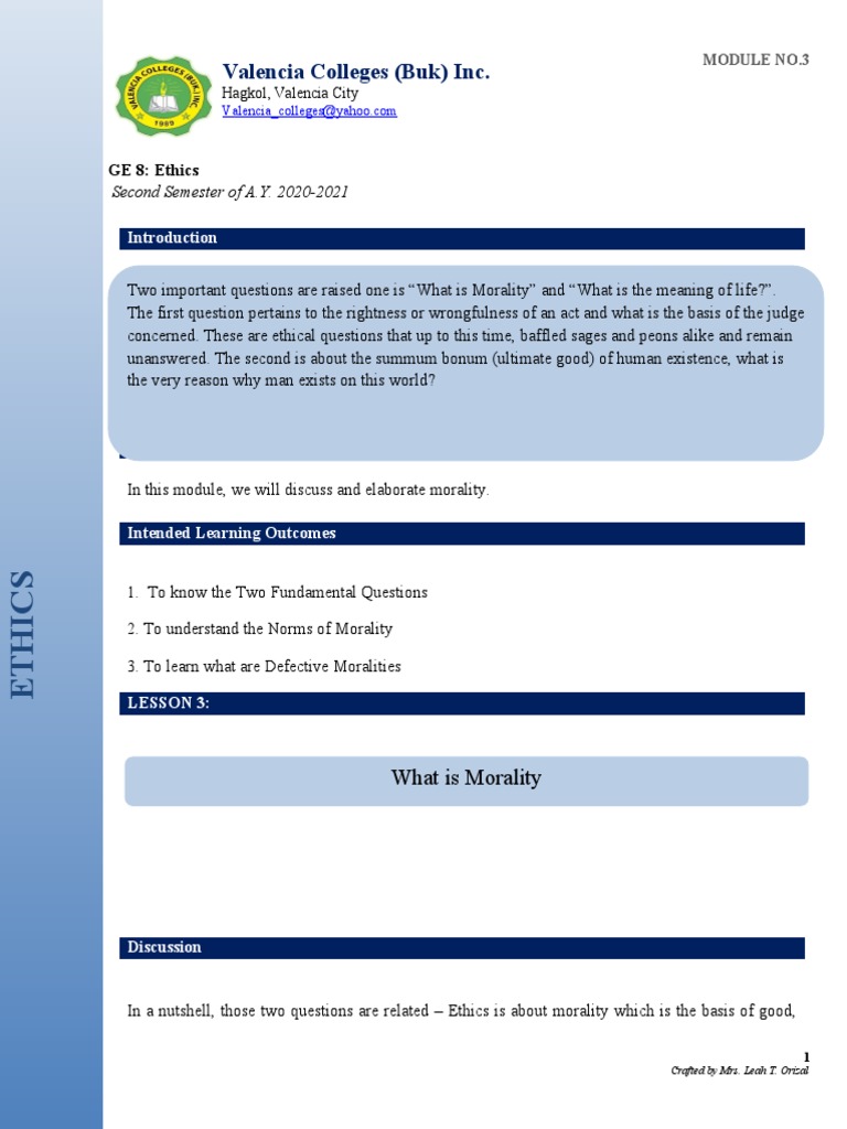 Ethics Module 3 1 | PDF | Utilitarianism | Morality