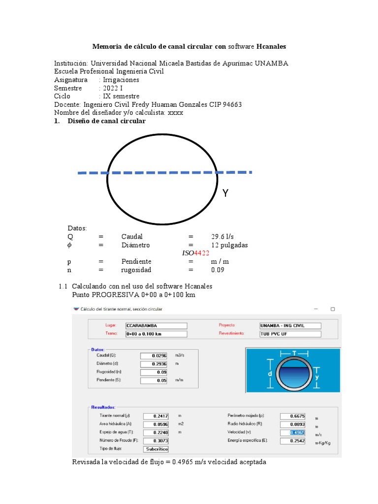 Memoria de Calculo de Canal Circular Con Hcanales | PDF