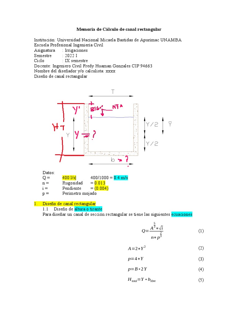 Memoria de Calculo de Canal Rectangular | PDF | Ingeniería | Ingeniero ...