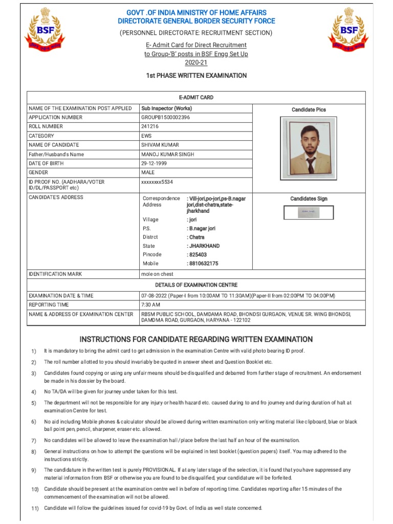 Https Rectt - Bsf.gov - in Applicant Print-Card Id 1205721 | PDF ...