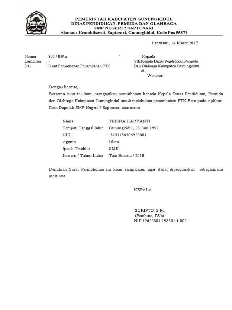 Surat Permohonan Penambahan PTK | PDF