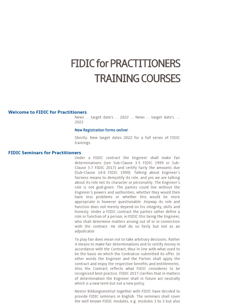 FIDIC Training Courses 2022 | PDF | Employment | Engineer