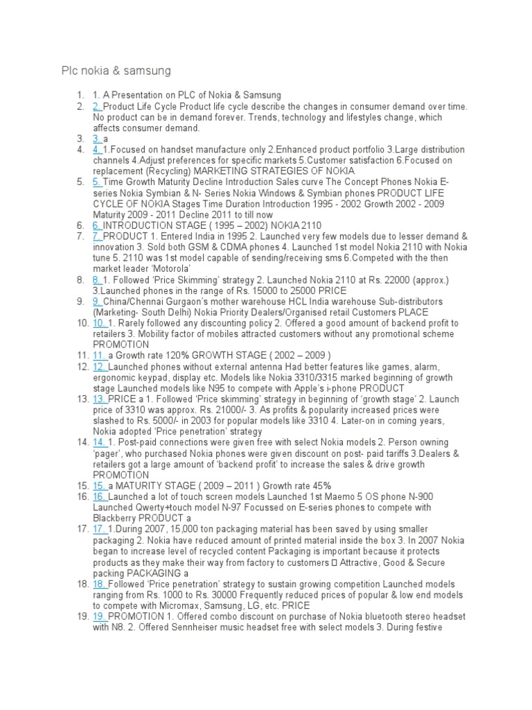 Nokia Samsung Product Life Cycle | PDF | Nokia | Marketing