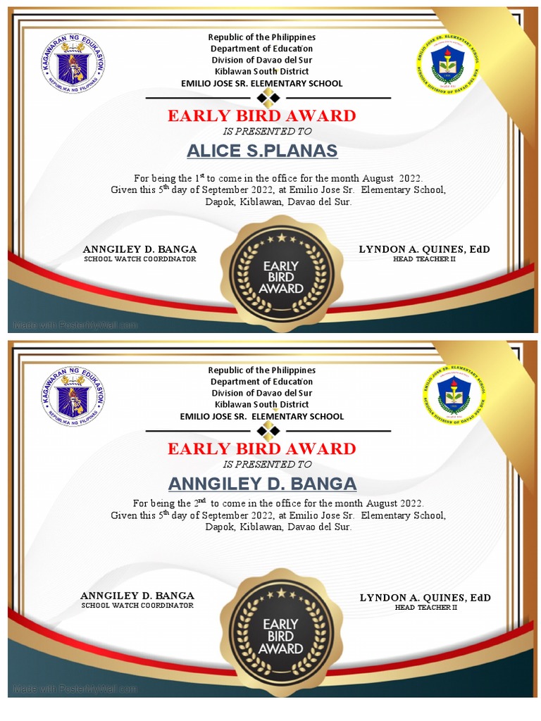Early Bird Awards August 2022 | PDF | Philippines