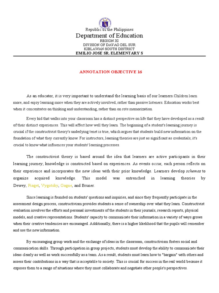 Annotation Kra 4 Objective 16 | PDF | Constructivism (Philosophy Of Education) | Learning