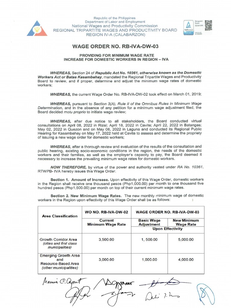 Dole Wage Order July 2022 Published-Wo-No.-Rb-Iva-Dw-03 For Kasambahay ...