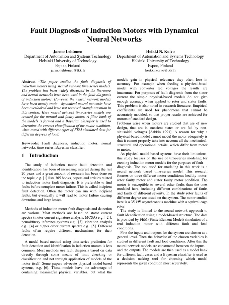 Fault Diagnosis of Induction Motors With Dynamical Neural Networks | PDF | Statistical ...