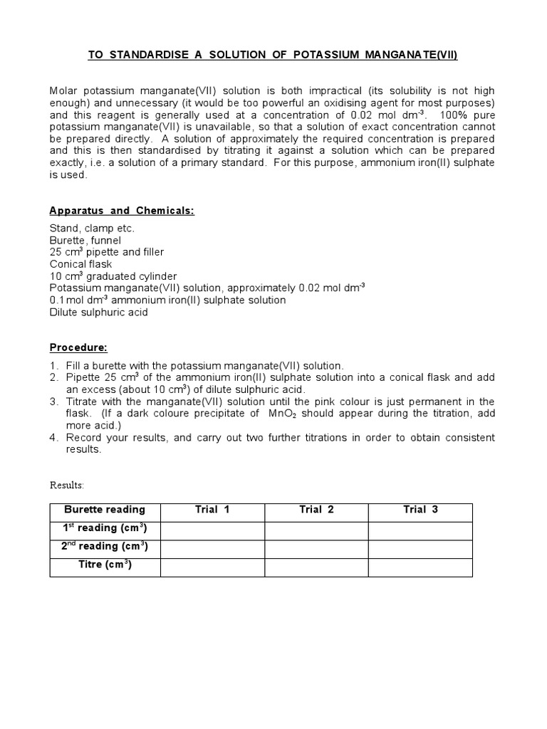 11 TO STANDARDISE A SOLUTION OF POTASSIUM MANGANATE | PDF