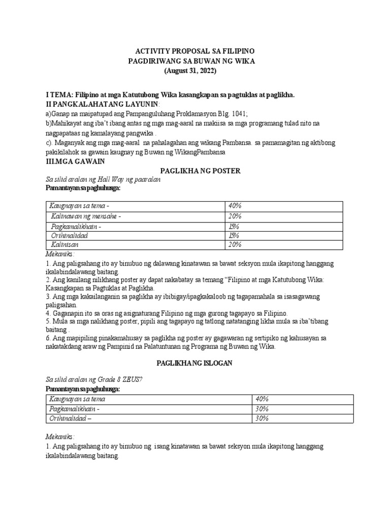 Activity Proposal Sa Filipino 2 | PDF