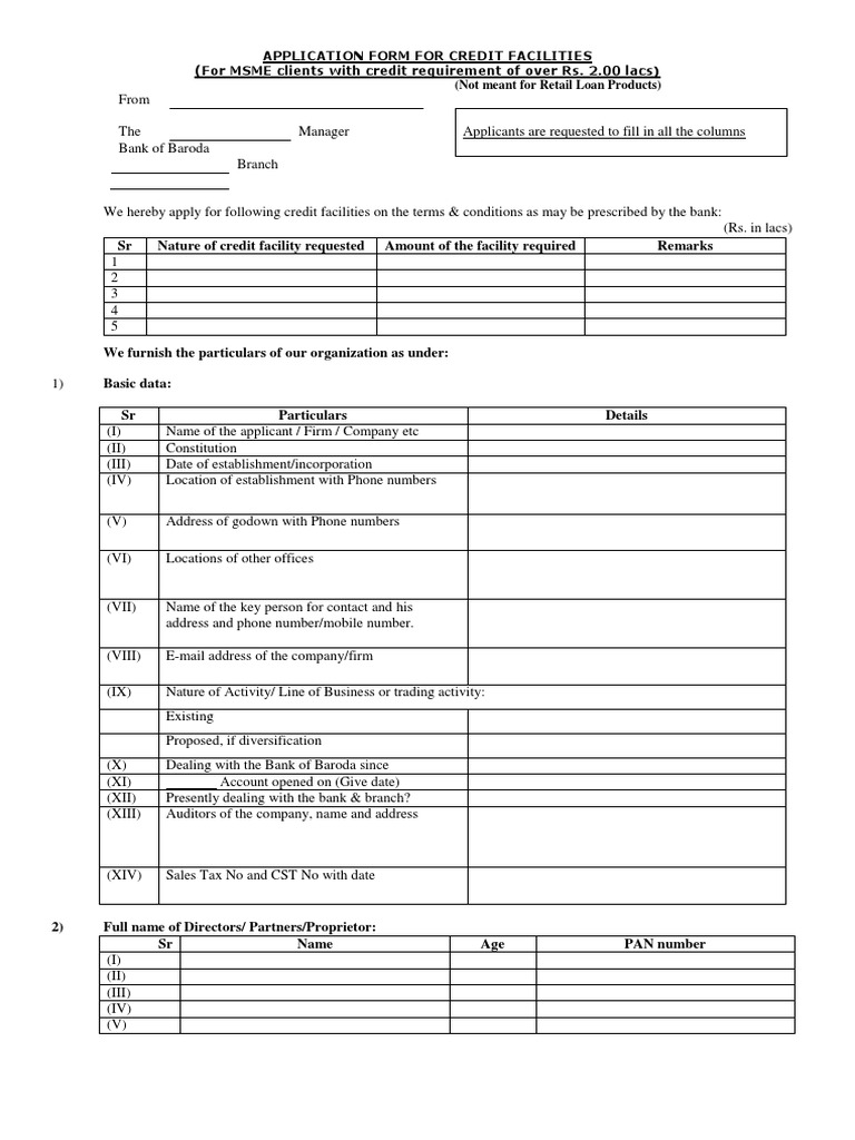 Msme Credit Facility Application Form 11 16 | PDF