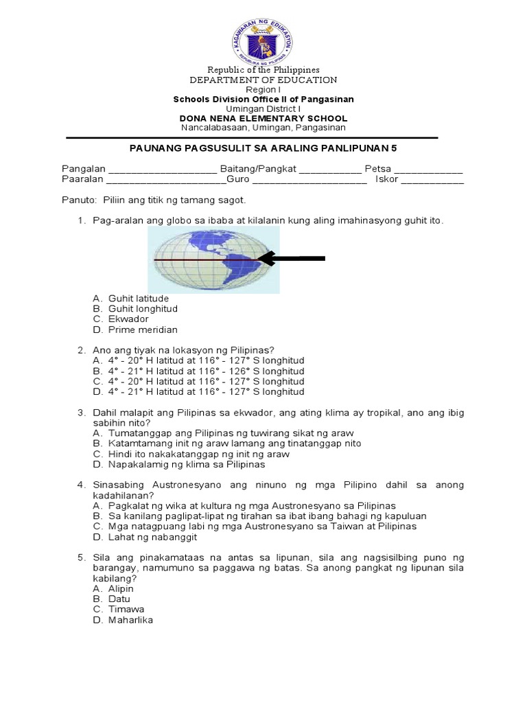 Pre-Test - Araling Panlipunan 5 | PDF