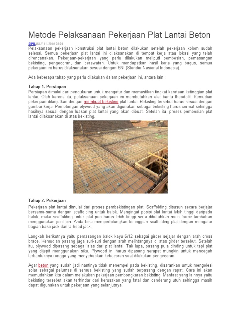 Metode Pelaksanaan Pekerjaan Plat Lantai Beton | PDF