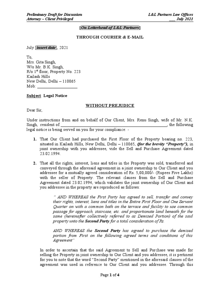 Legal Notice - Renu Singh (Property Dispute) | PDF | Lawsuit | Legal Remedy