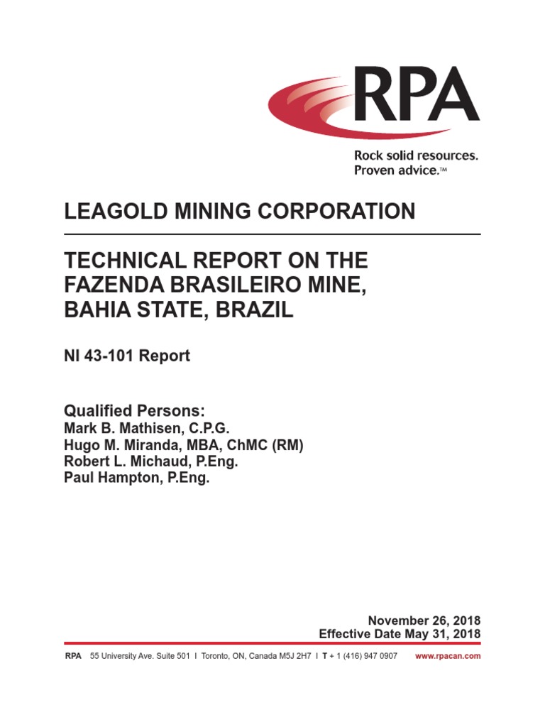 Technical Report Fazenda Brasileiro Mine | PDF | Mining | Minerals