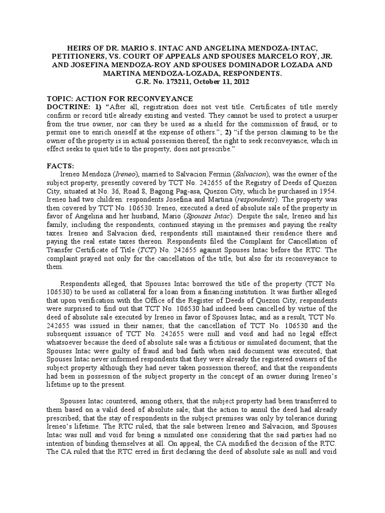 Week 3 - Heirs of Dr. Mario S. Intac and Angelina Mendoza-Intac vs. Court of Appeals | PDF ...