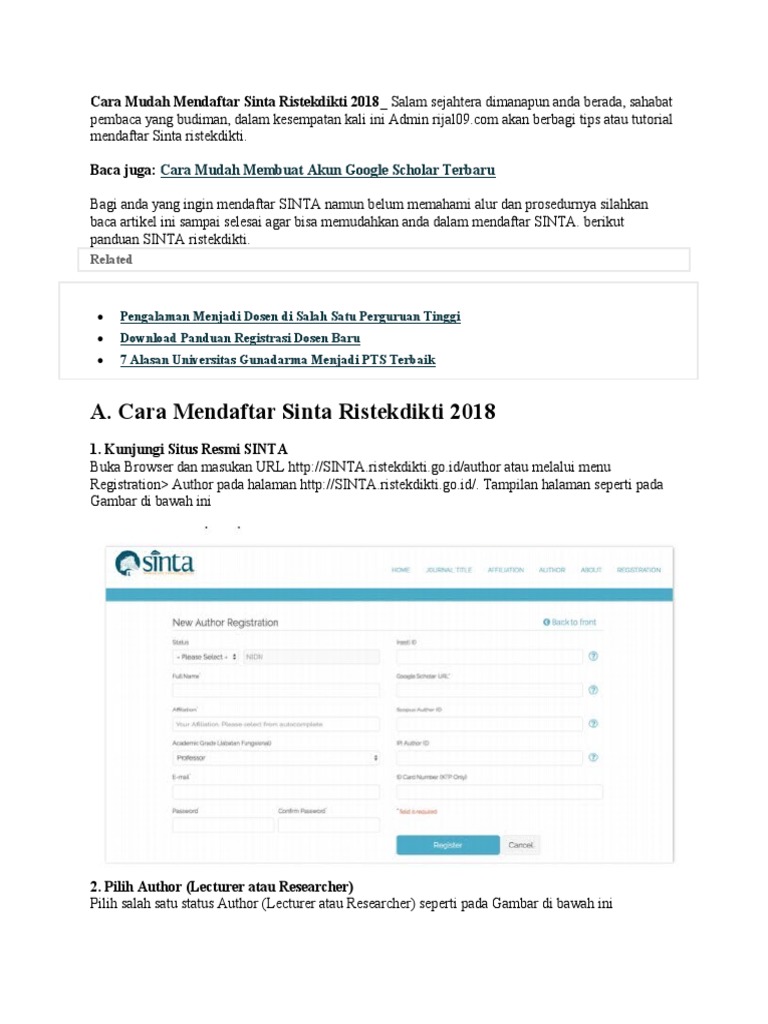 Panduan Mendaftar Sinta Ristekdikti 2018 | PDF