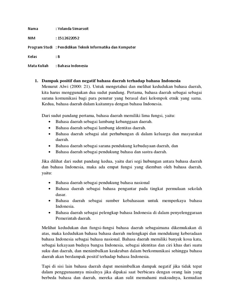 Dampak Positif Dan Negatif Bahasa Daerah Terhadap Bahasa Indonesia | PDF