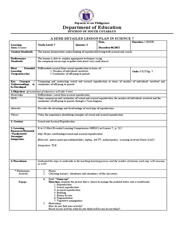 COT 1 Lesson Plan Science 7 2021-2022 | PDF | Reproduction | Learning