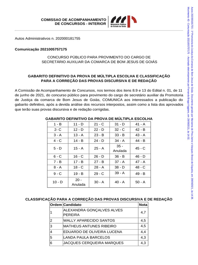 Comunicado 011-2021 - Gabarito Definitivo Da Prova de Múltipla Escolha | PDF