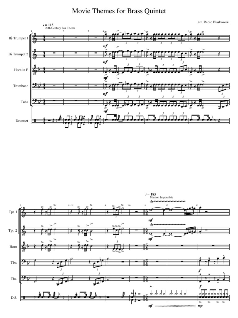 Movie Themes For Brass Quintet | PDF | Sound Production | Traditional Music