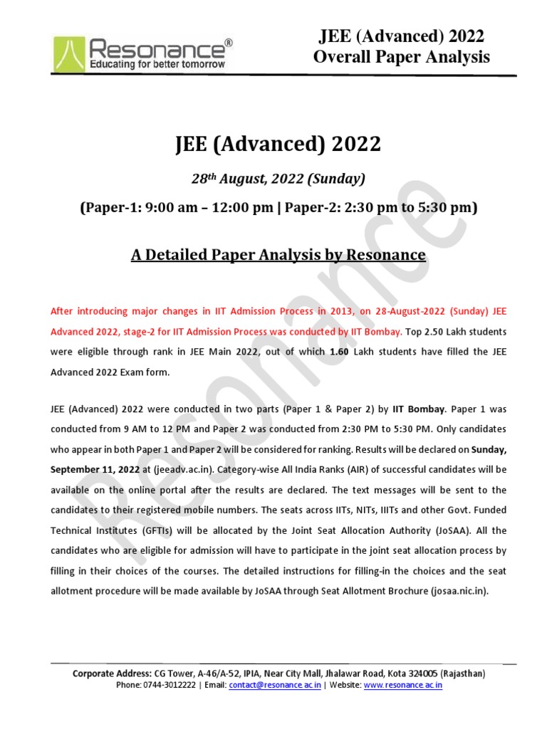 JEE Advanced 2022: Paper Analysis & Difficulty | PDF | Inorganic ...