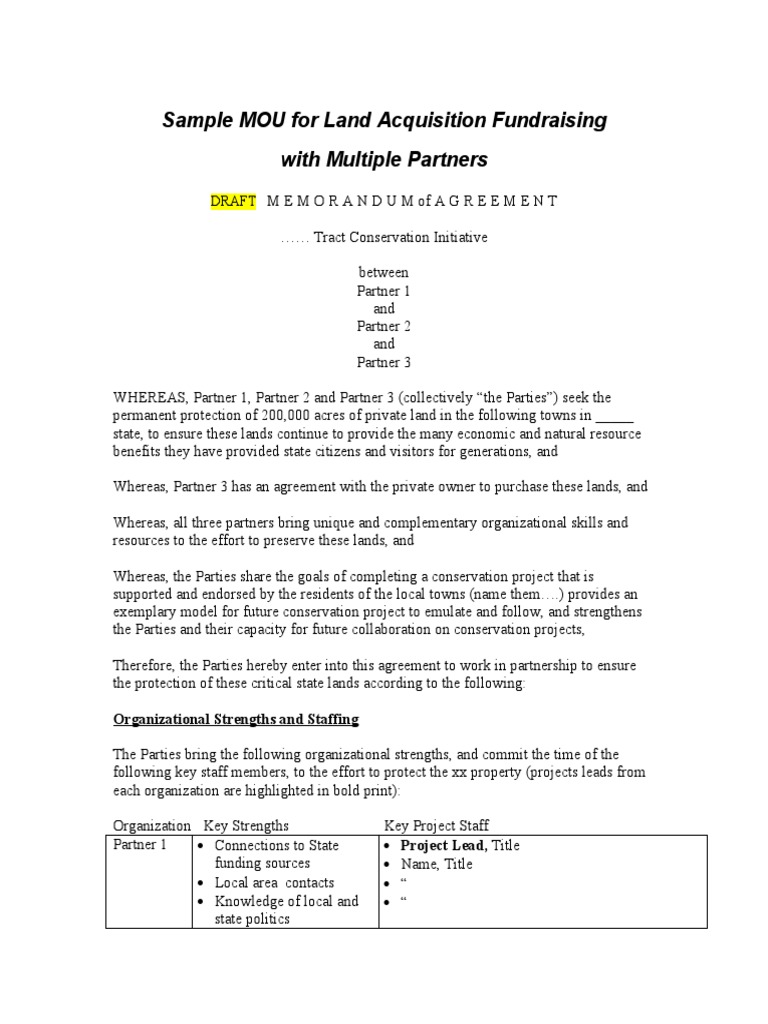 Sample MOU for land aquisition partnerships | PDF | Fundraising ...