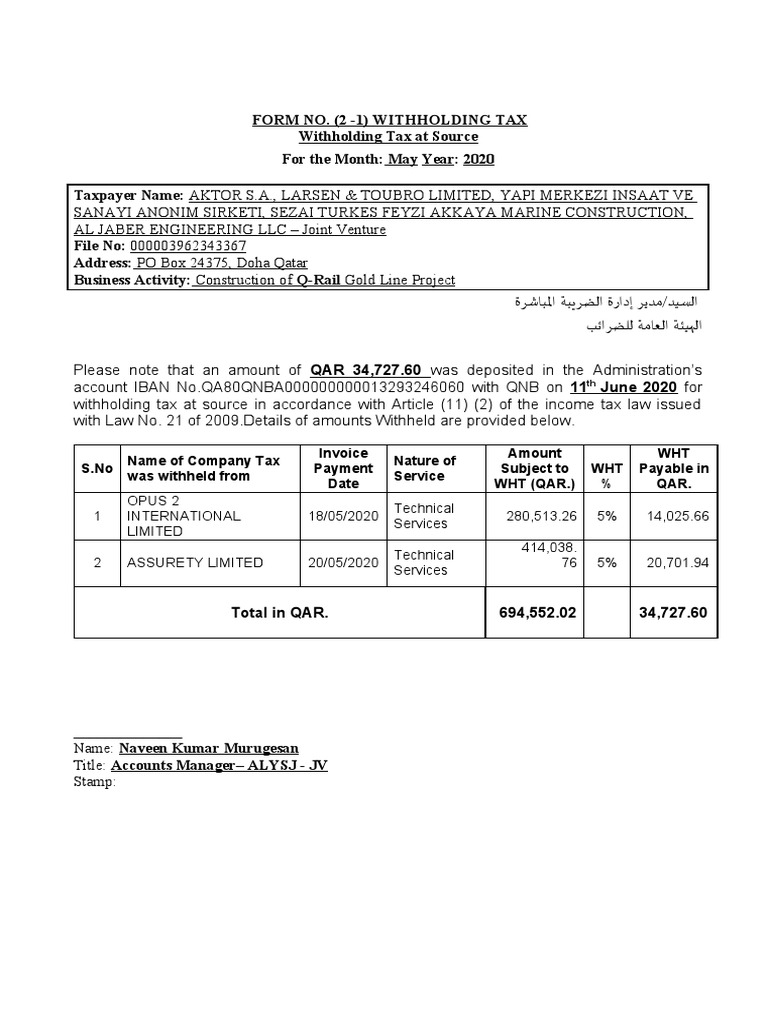 1.ALYSJ JV - WHT Covering Letter - For Arabic Translation | PDF