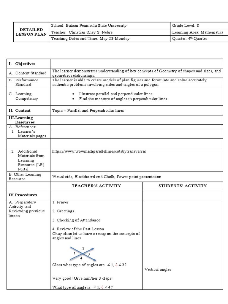 Lesson Plan Angles Form by Parallel Lines | Download Free PDF | Angle ...