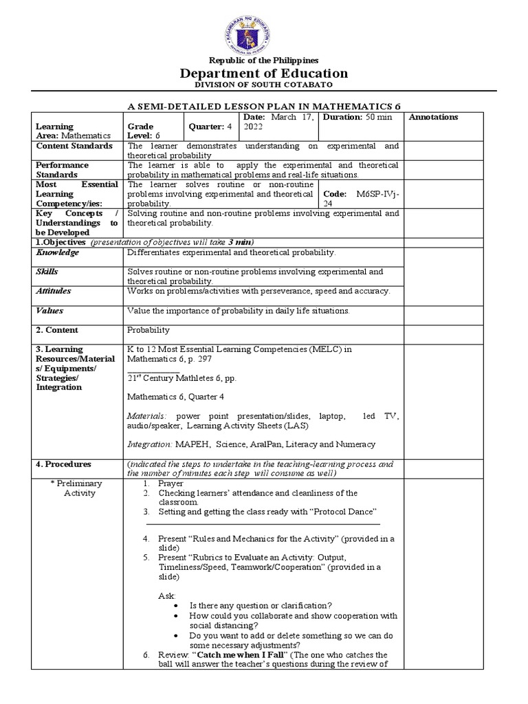Annotated Math Lesson Plan for Grade 6 | PDF | Learning | Probability