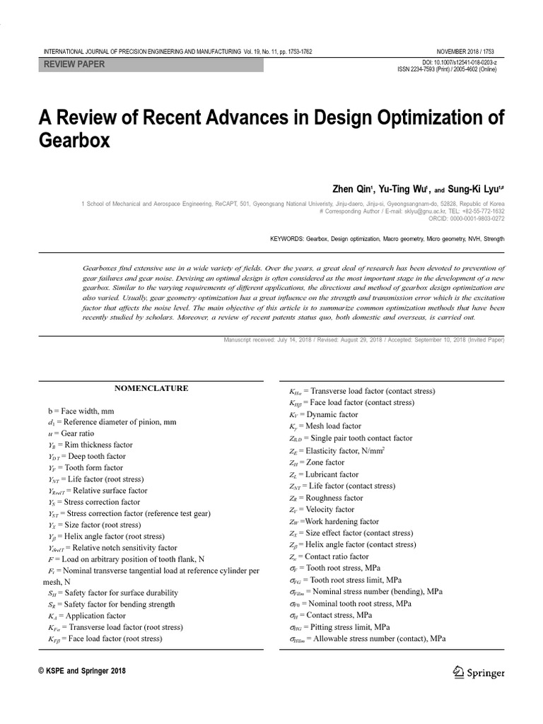 A Review of Recent Advances in Design Optimization of Gearbox | PDF | Gear | Mechanical Engineering