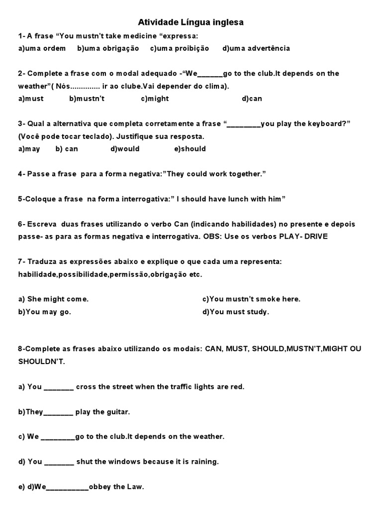 Atividades de Verbos Modais em Inglês | PDF | Linguística