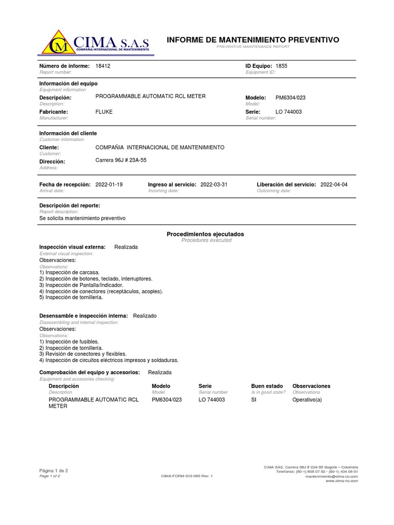 Informe de Mantenimiento Preventivo: Procedimientos Ejecutados | PDF